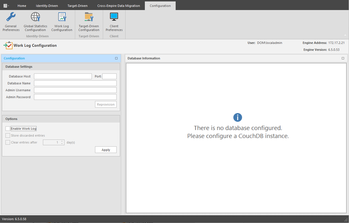 Establishing the Work Log Database Settings in the Admin Client