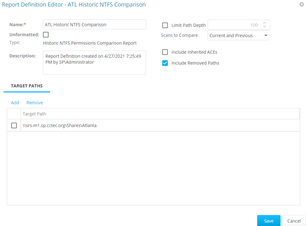 Historic NTFS Permissions Comparison Report