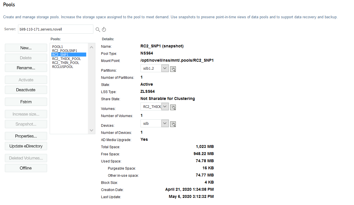 Viewing and Managing an Online Pool Snapshot using iManager - Storage Services File System (NSS ...